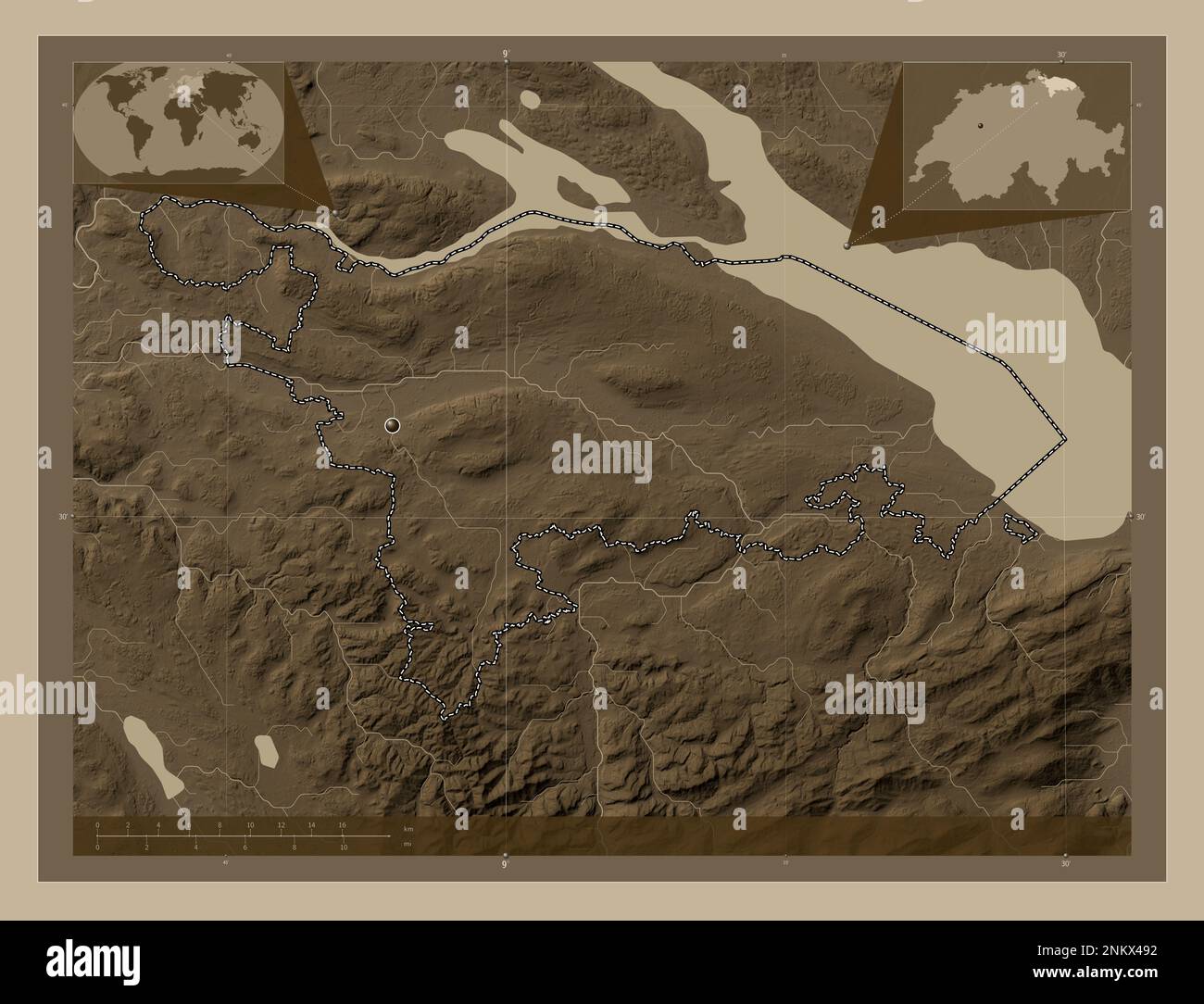 Thurgau, canton of Switzerland. Elevation map colored in sepia tones ...
