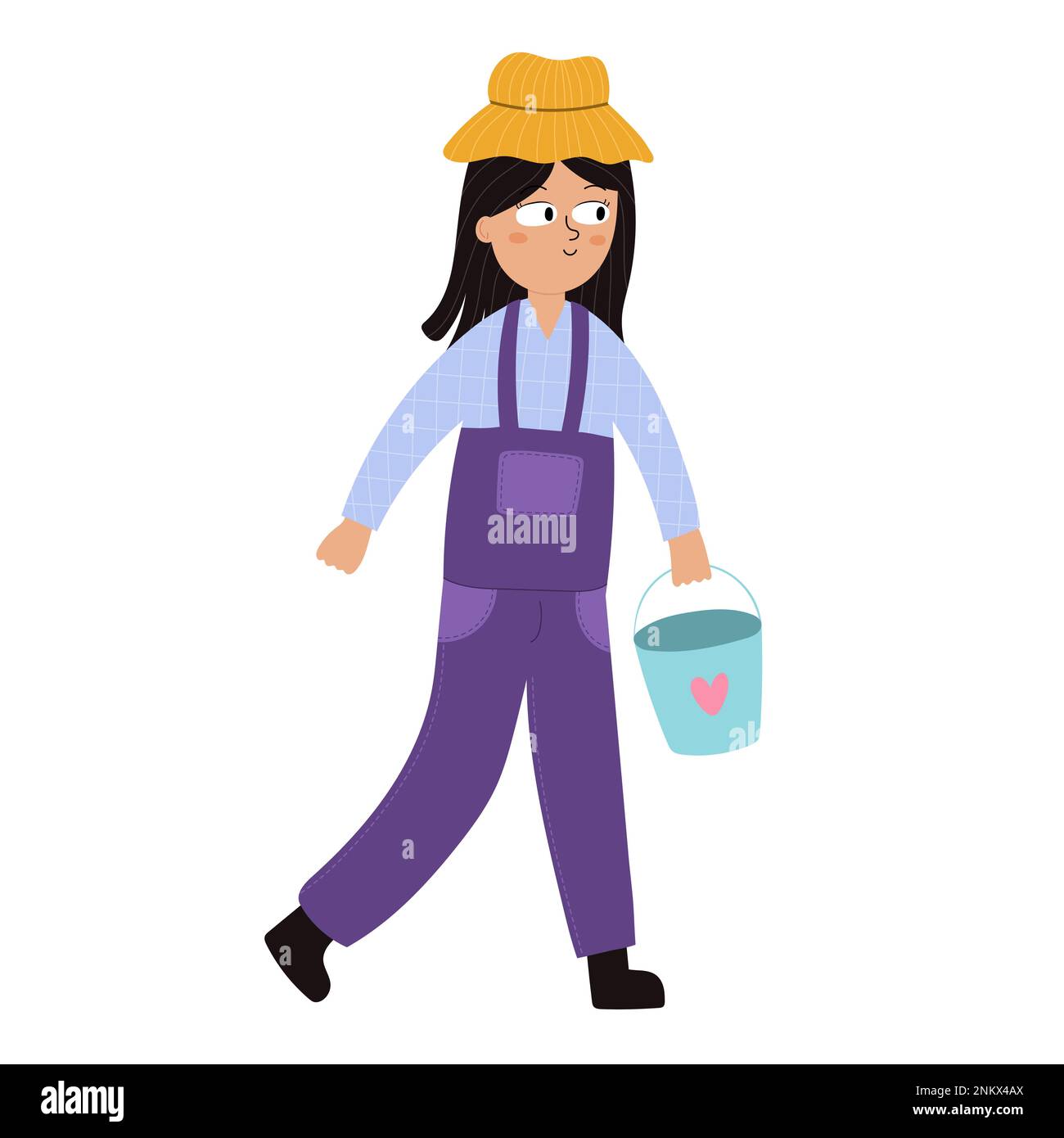 Farmer girl carrying a bucket in cartoon style. Cute farm character ...