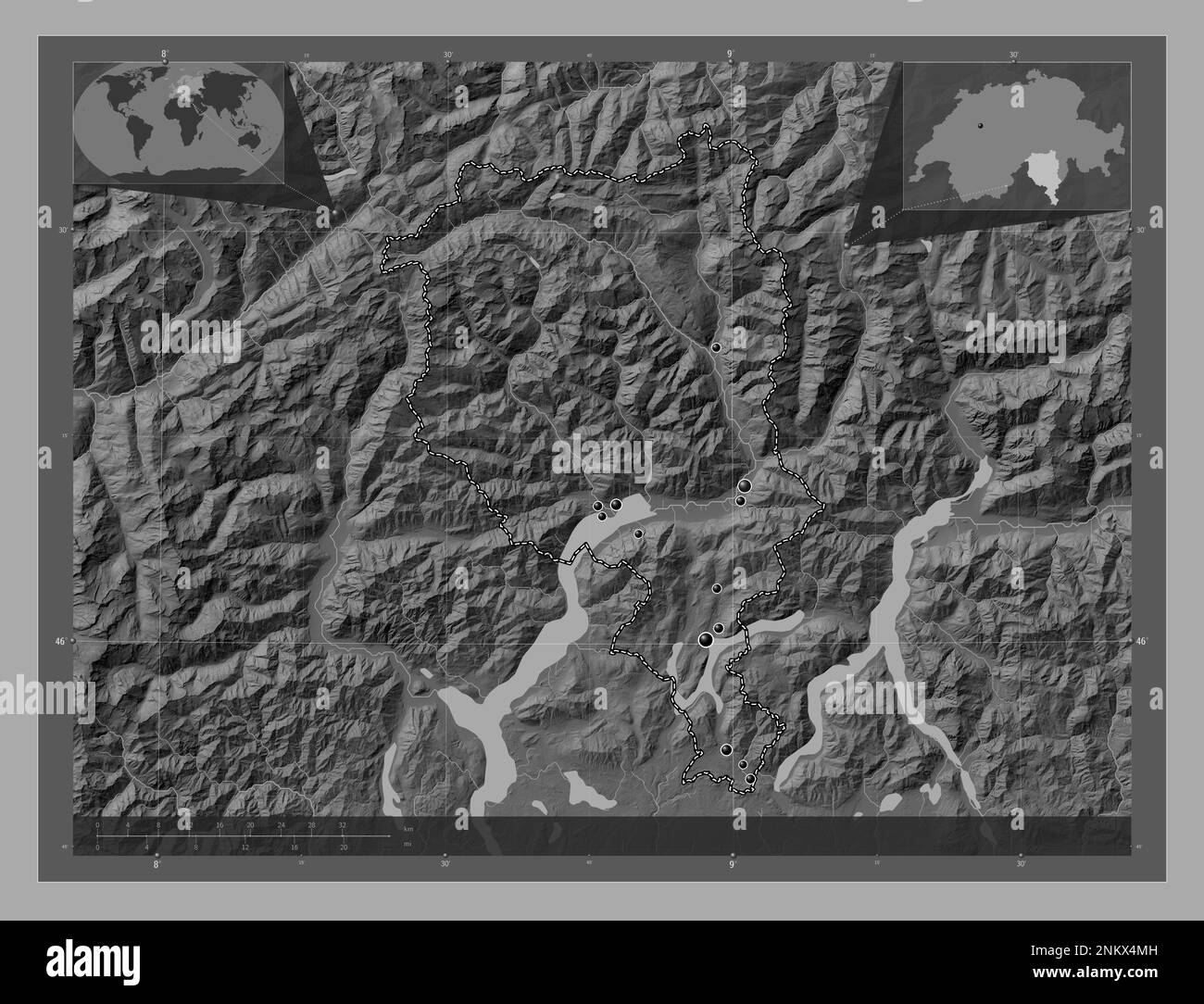 Ticino, canton of Switzerland. Bilevel elevation map with lakes and ...