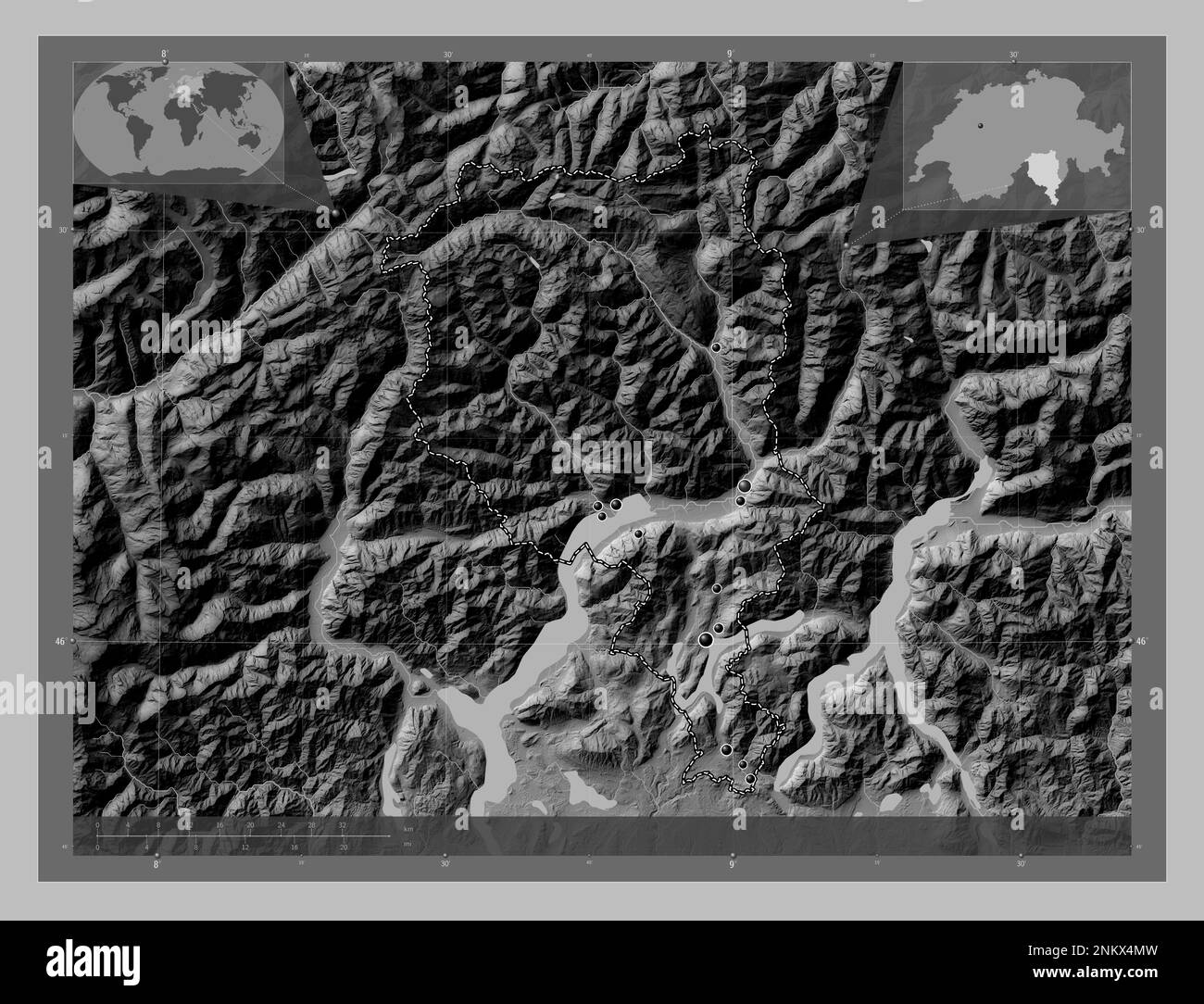 Ticino, canton of Switzerland. Grayscale elevation map with lakes and ...