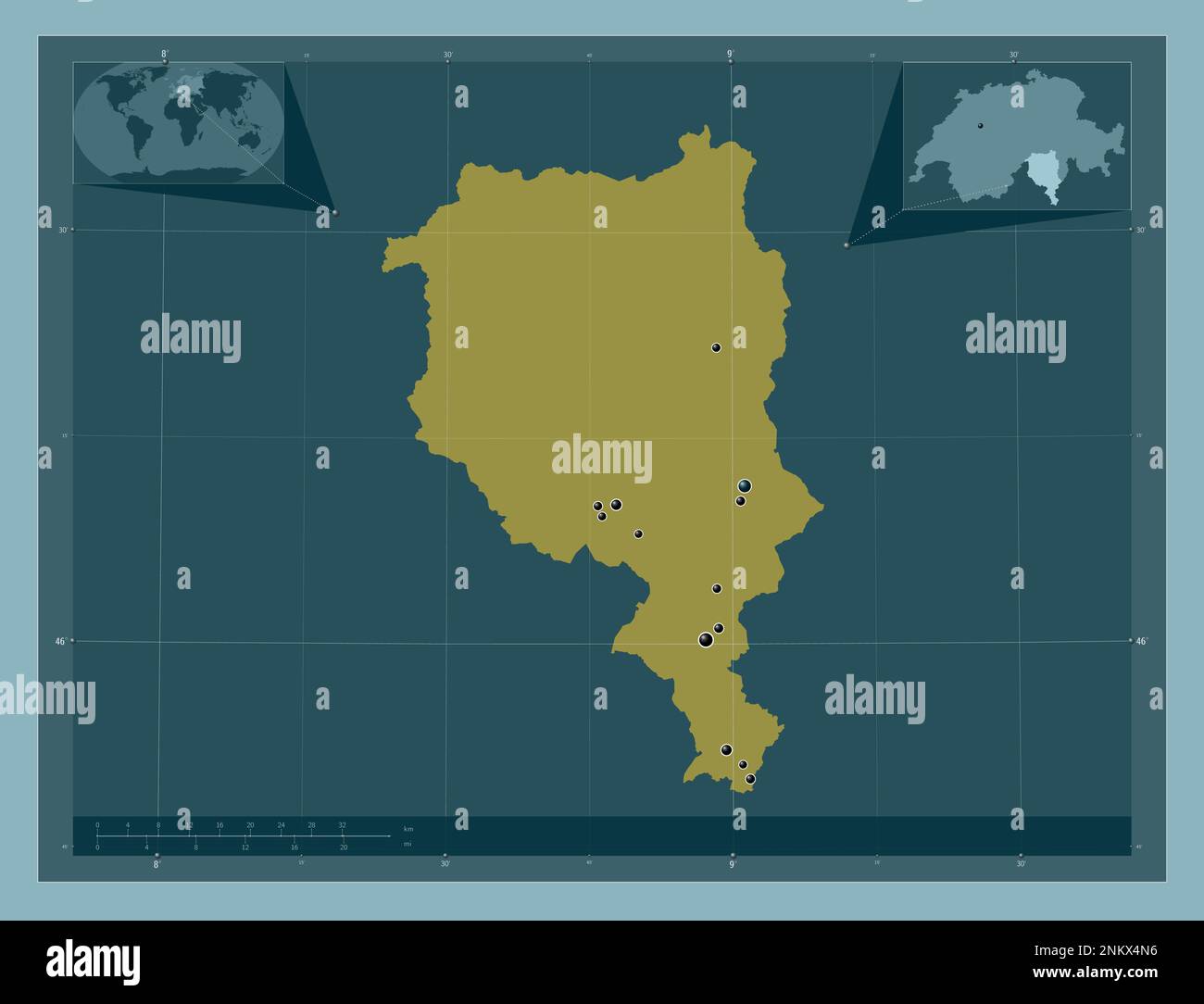 Ticino, canton of Switzerland. Solid color shape. Locations of major ...