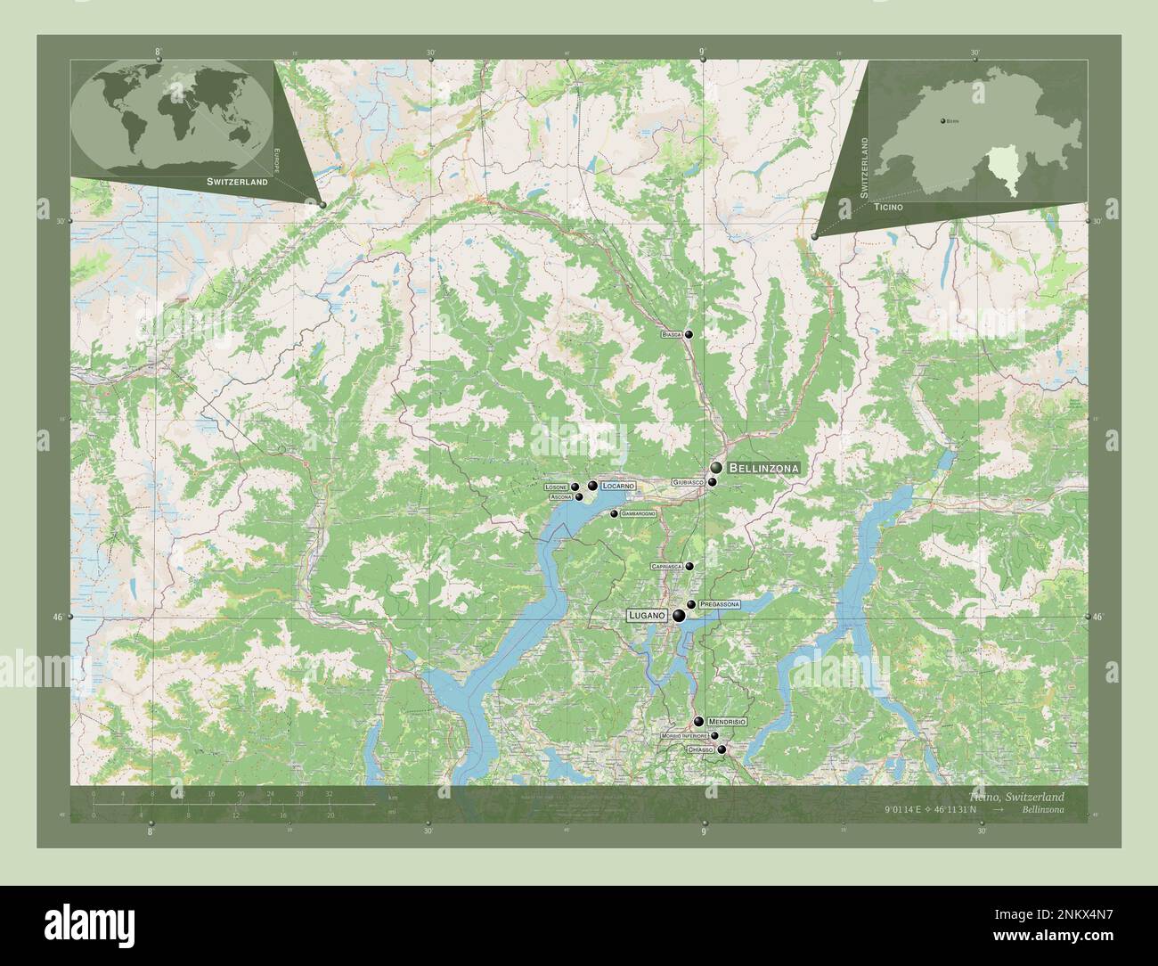 Ticino, canton of Switzerland. Open Street Map. Locations and names of ...