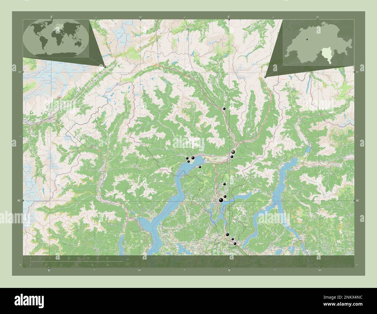 Ticino, canton of Switzerland. Open Street Map. Locations of major ...