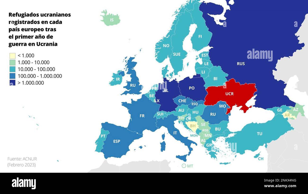 Map depicting Ukrainian refugees registered in each European country as ...