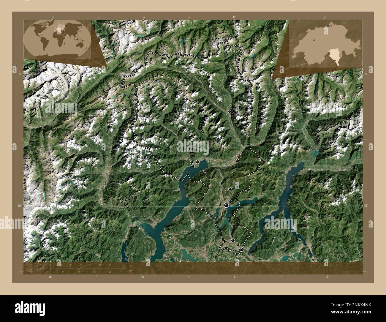Ticino, canton of Switzerland. Low resolution satellite map. Locations ...