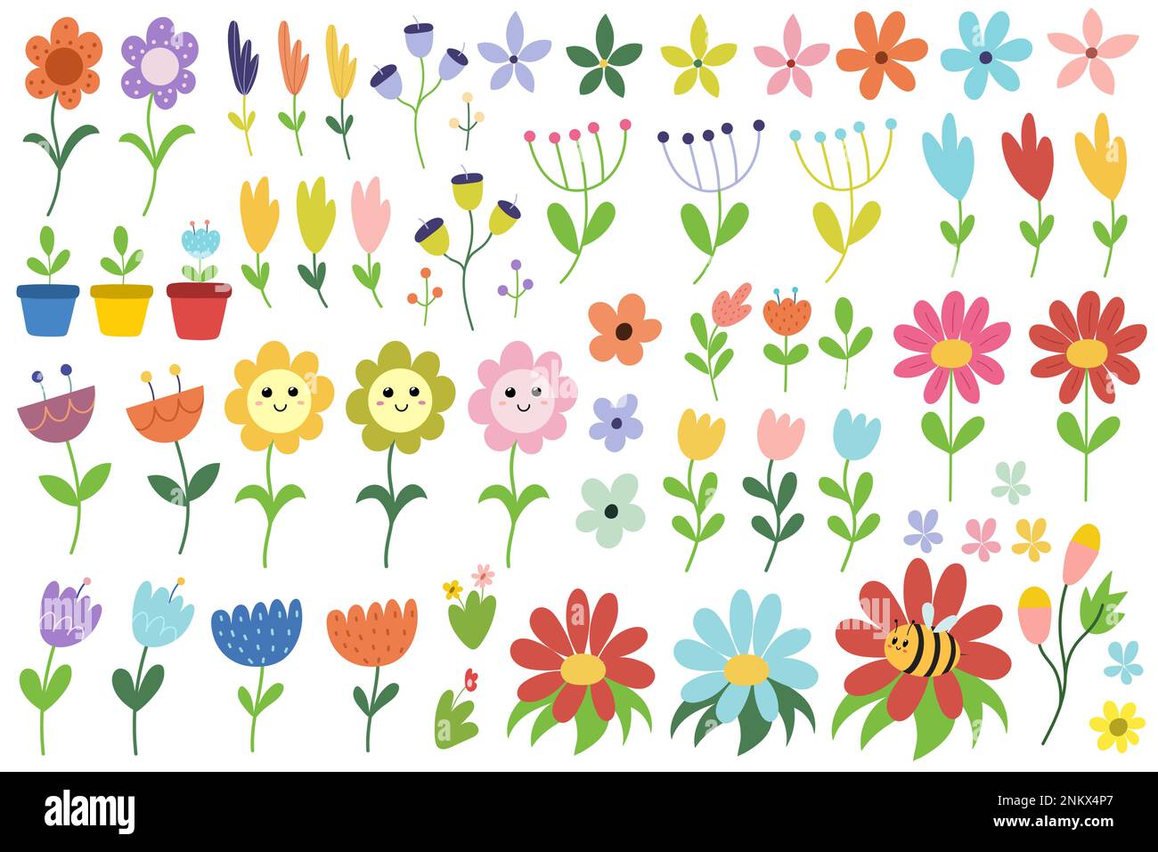 Doodle flowers big collection in cartoon style. Plants and flowers with ...