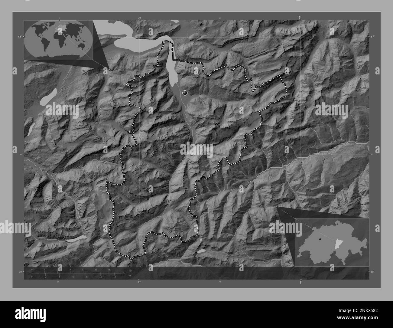 Uri, canton of Switzerland. Bilevel elevation map with lakes and rivers ...