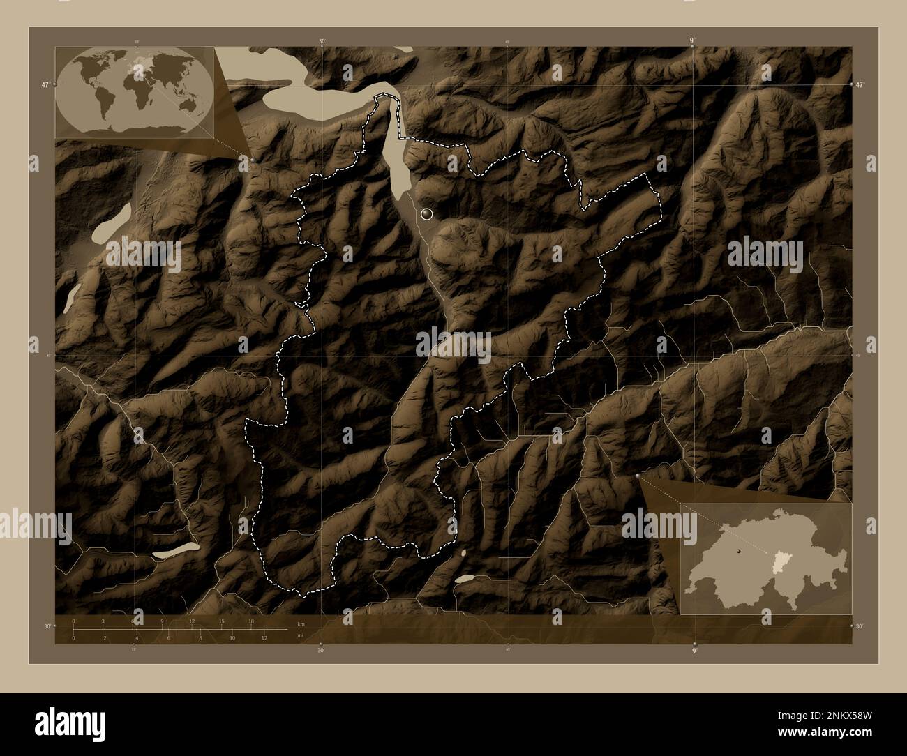 Uri, canton of Switzerland. Elevation map colored in sepia tones with ...
