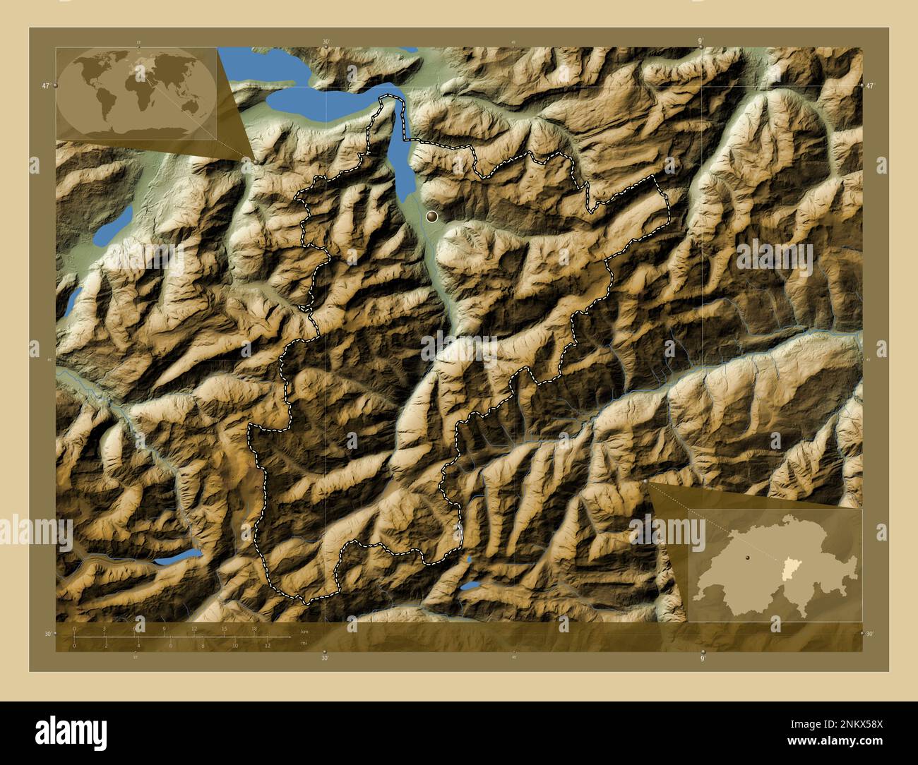 Uri, canton of Switzerland. Colored elevation map with lakes and rivers ...