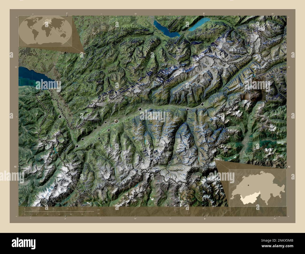 Valais, canton of Switzerland. High resolution satellite map. Locations ...