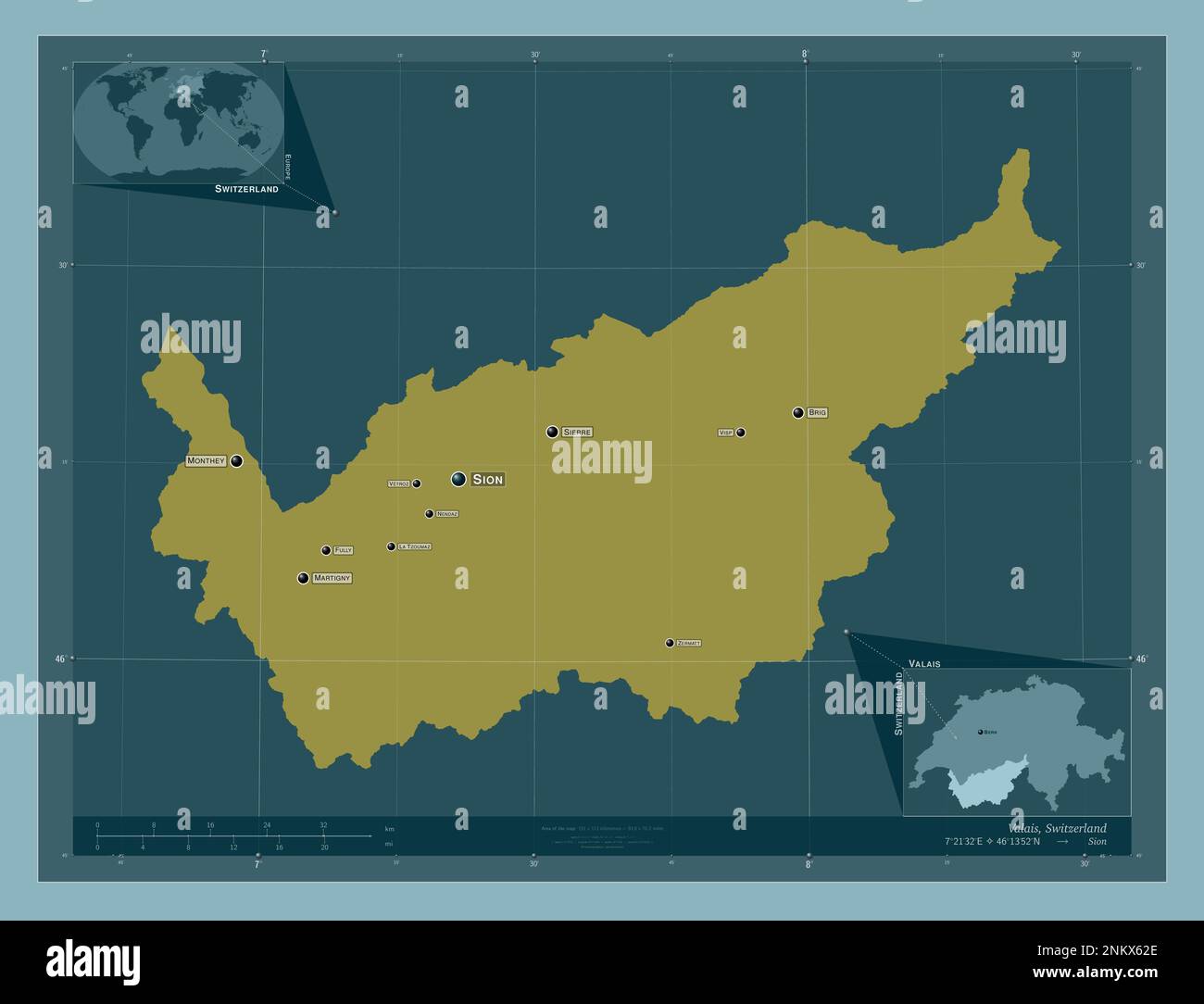 Valais, canton of Switzerland. Solid color shape. Locations and names ...
