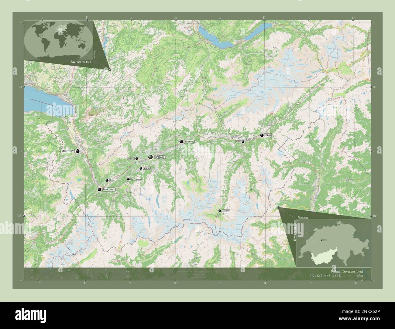 Valais, canton of Switzerland. Open Street Map. Locations and names of ...