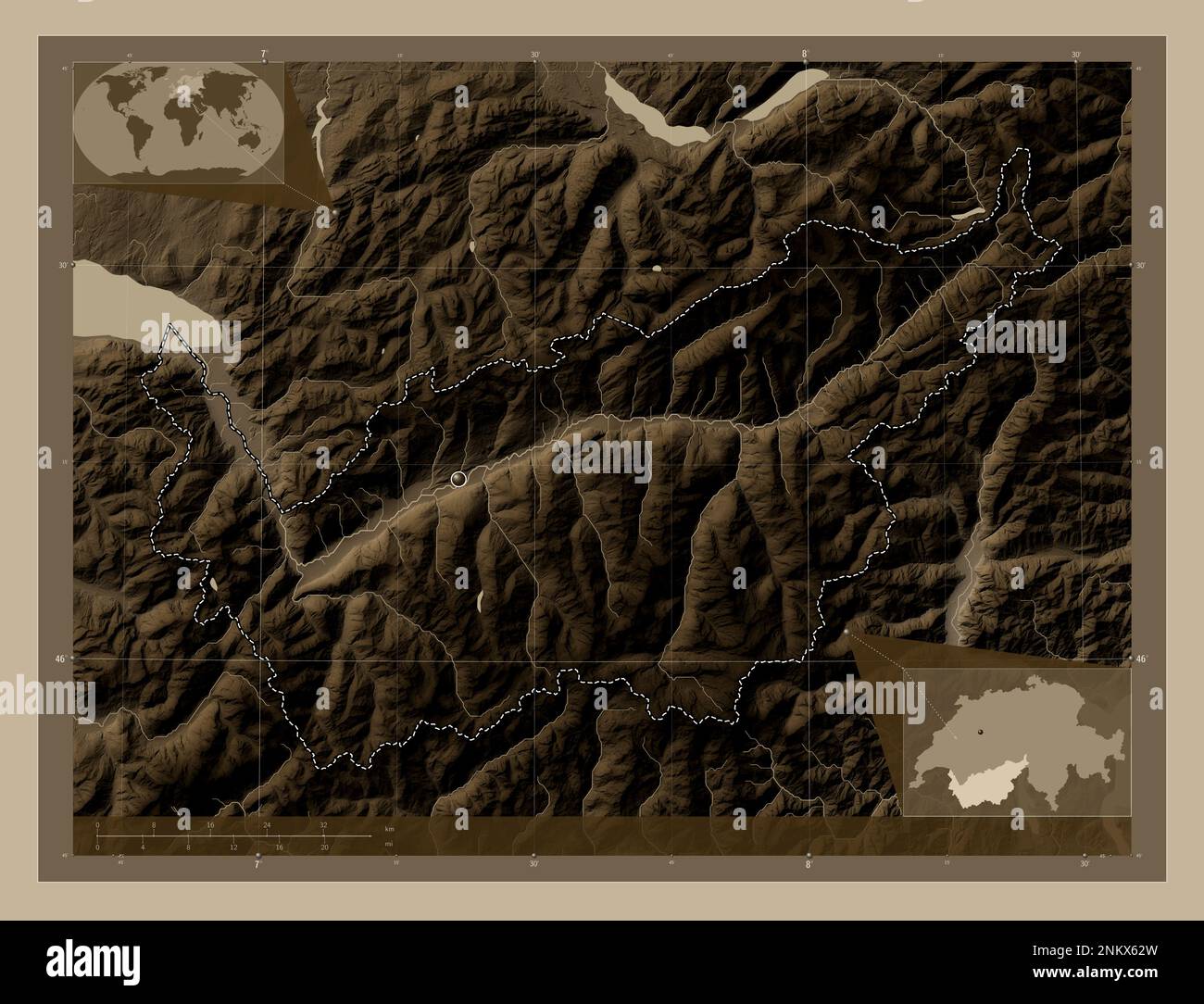 Valais, canton of Switzerland. Elevation map colored in sepia tones ...
