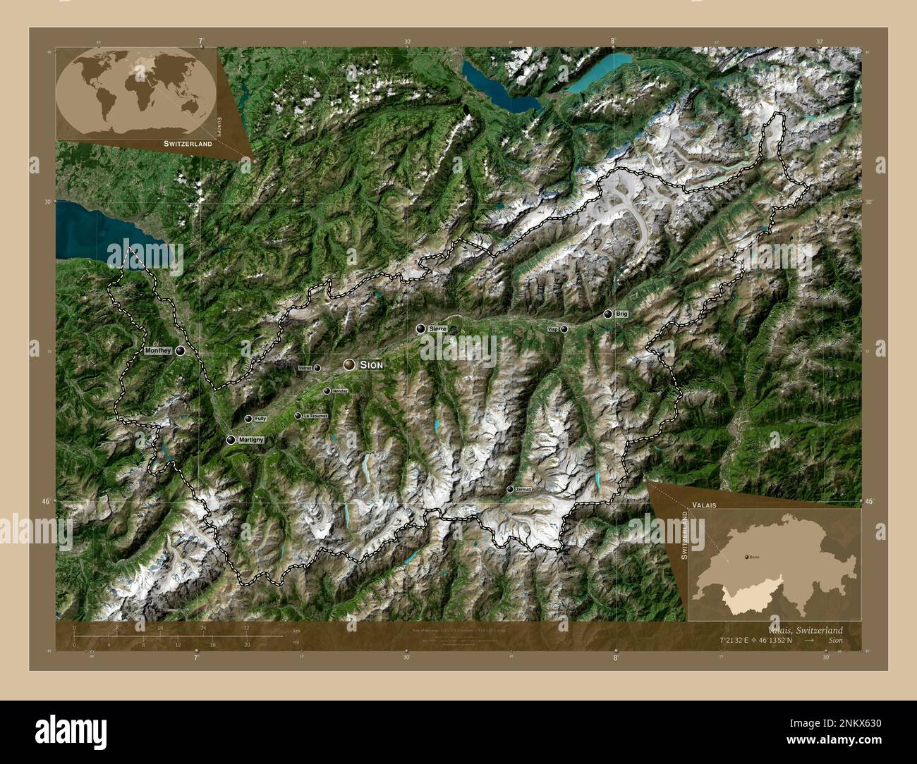Valais, canton of Switzerland. Low resolution satellite map. Locations ...