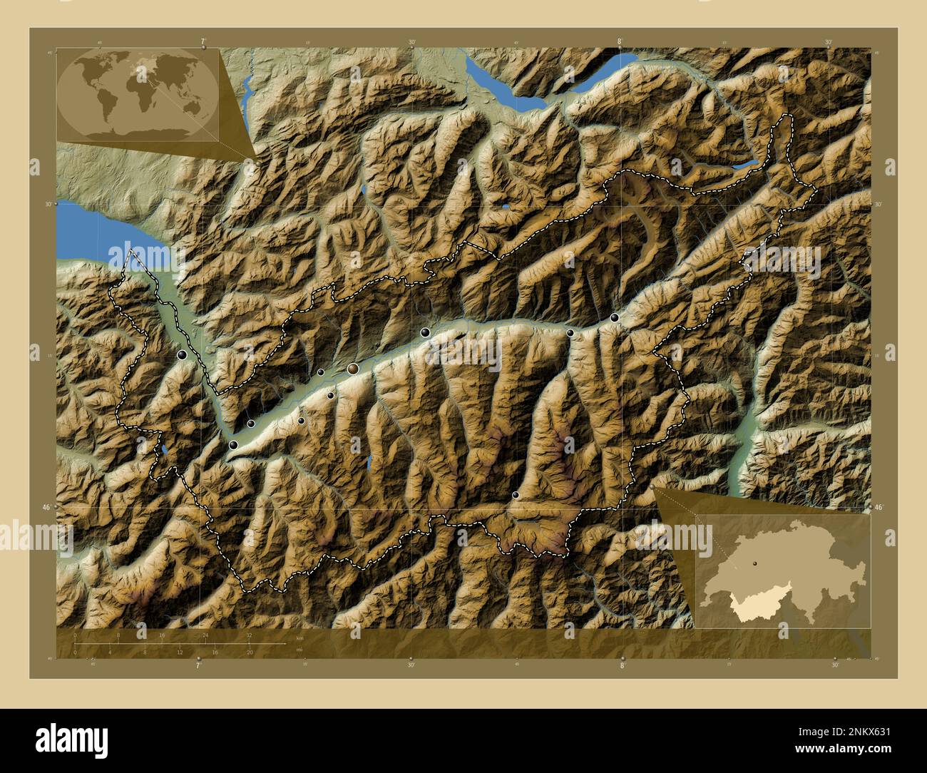 Valais, canton of Switzerland. Colored elevation map with lakes and ...