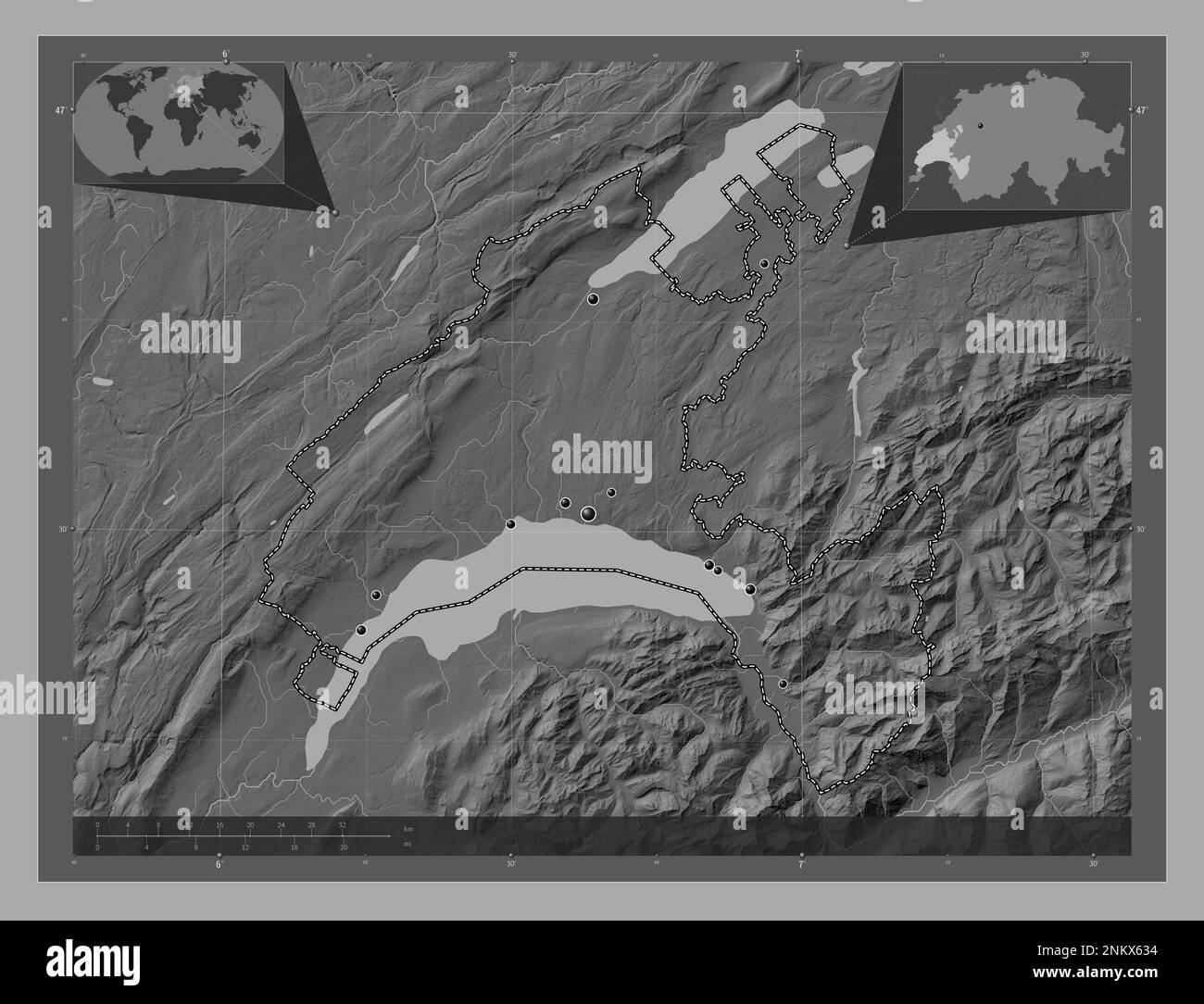Vaud, canton of Switzerland. Bilevel elevation map with lakes and ...