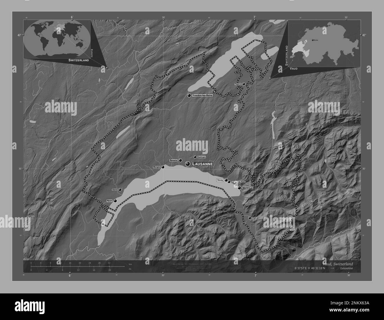 Vaud, canton of Switzerland. Bilevel elevation map with lakes and ...