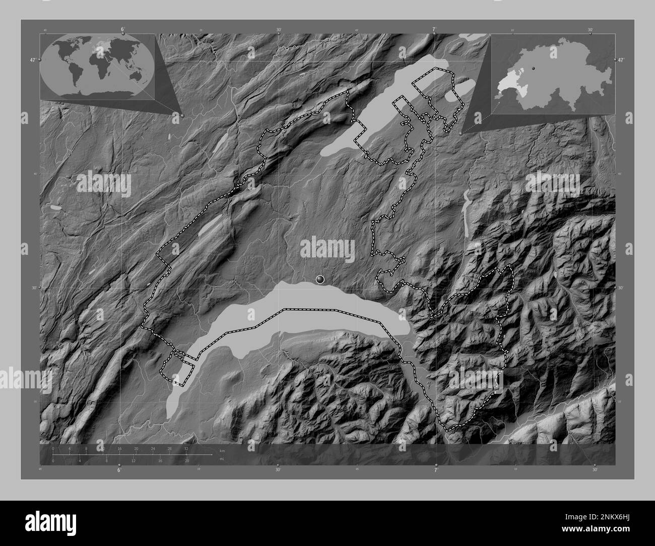Vaud, canton of Switzerland. Grayscale elevation map with lakes and ...