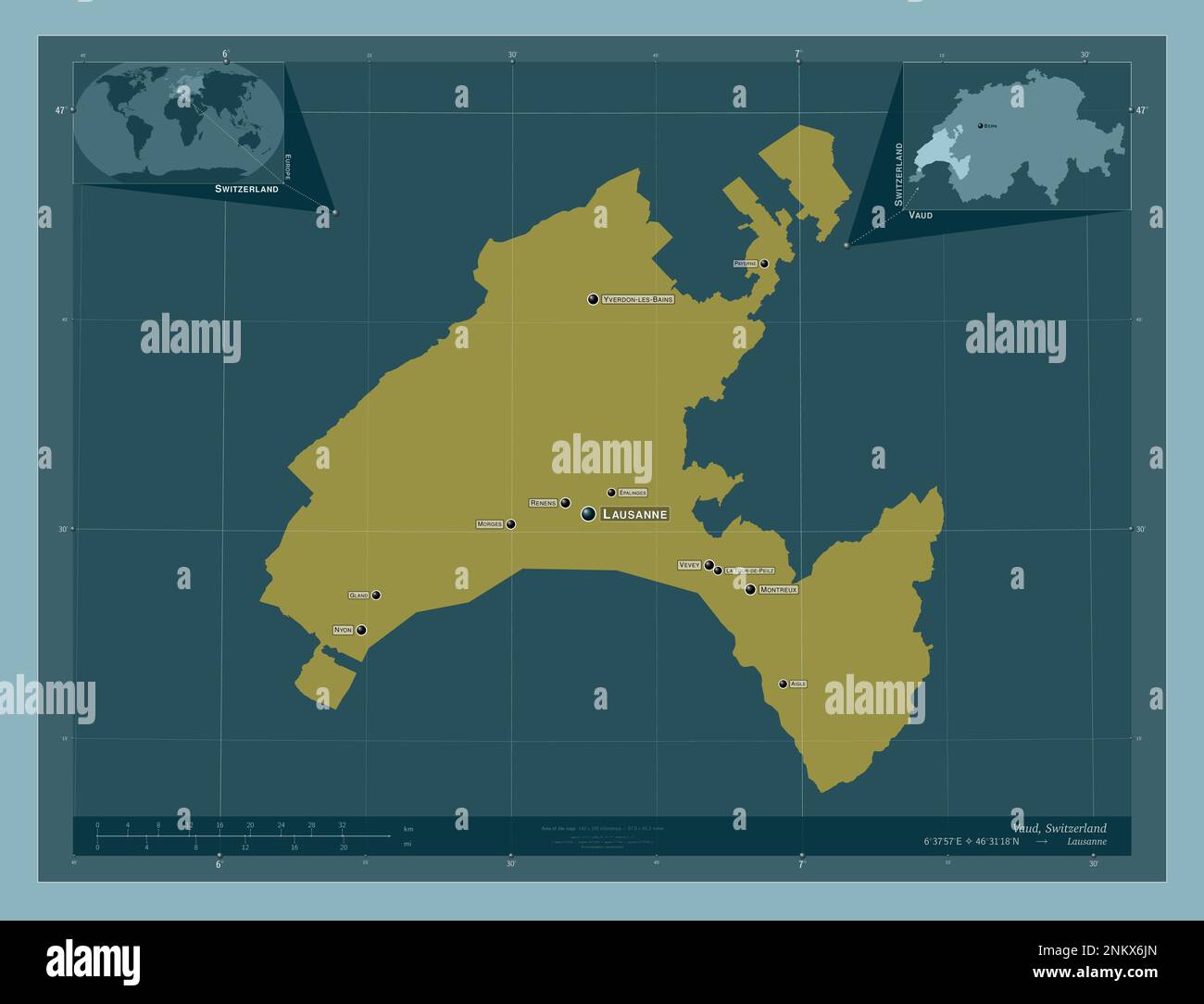 Vaud, canton of Switzerland. Solid color shape. Locations and names of ...