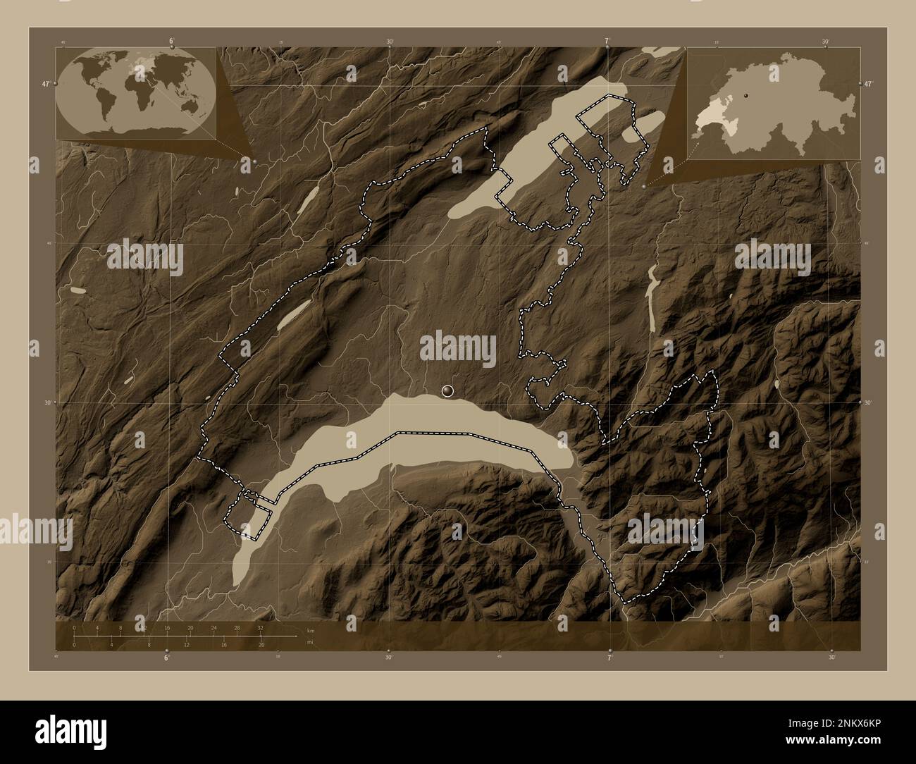 Vaud, canton of Switzerland. Elevation map colored in sepia tones with ...