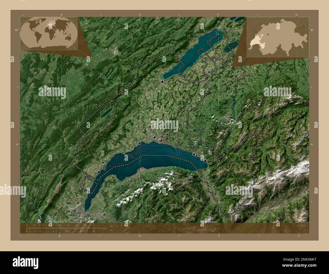 Vaud, canton of Switzerland. Low resolution satellite map. Locations of ...