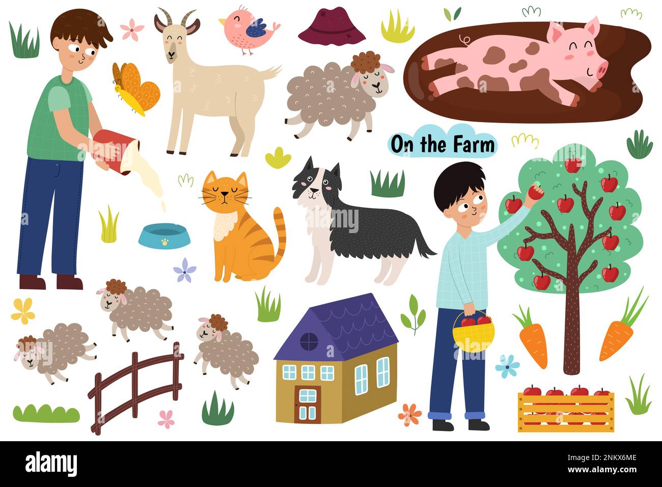Cute farm set with animals and kids farmers. Countryside life elements ...