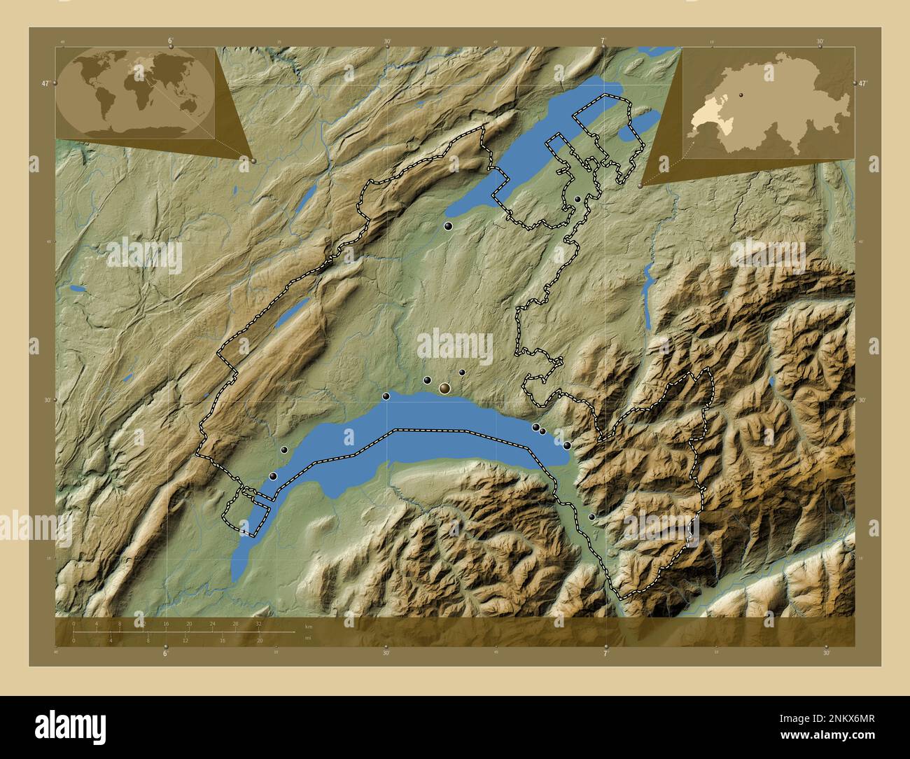 Vaud, canton of Switzerland. Colored elevation map with lakes and ...