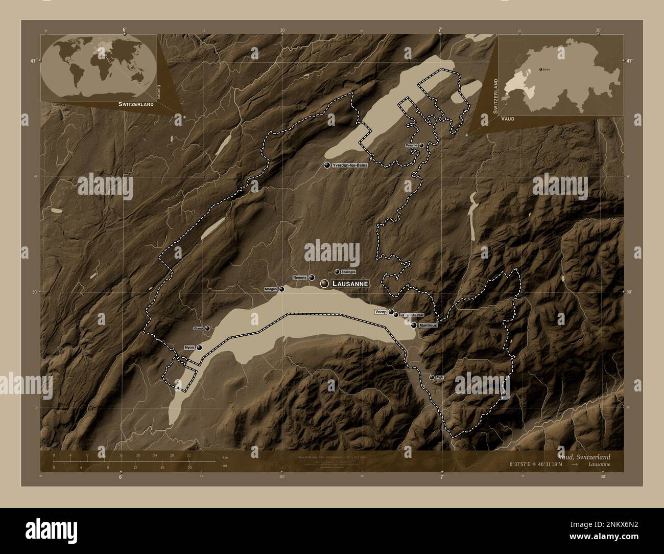 Vaud, canton of Switzerland. Elevation map colored in sepia tones with ...