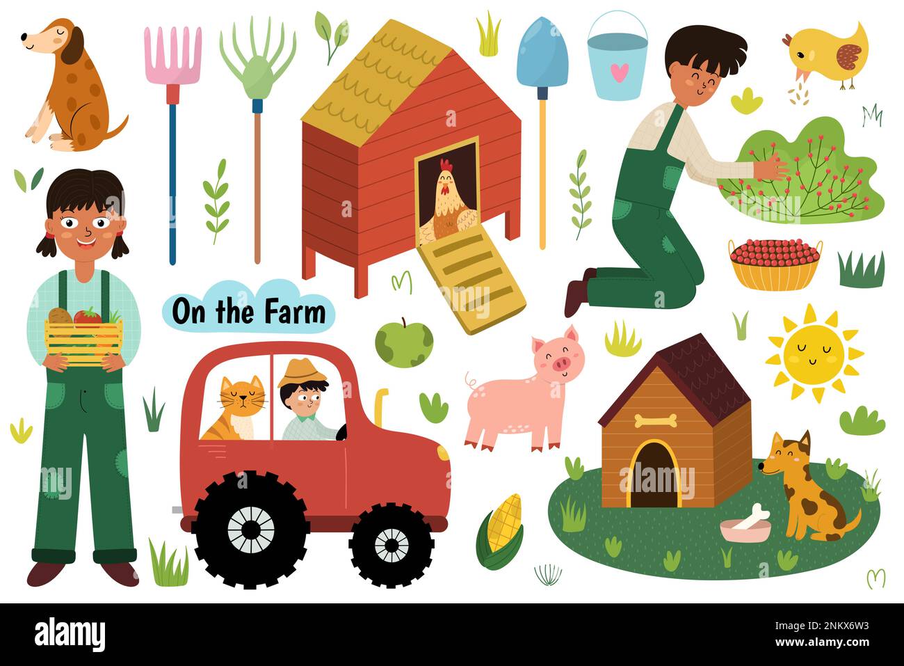 On the farm set with cute animals and kids farmers. Countryside life ...