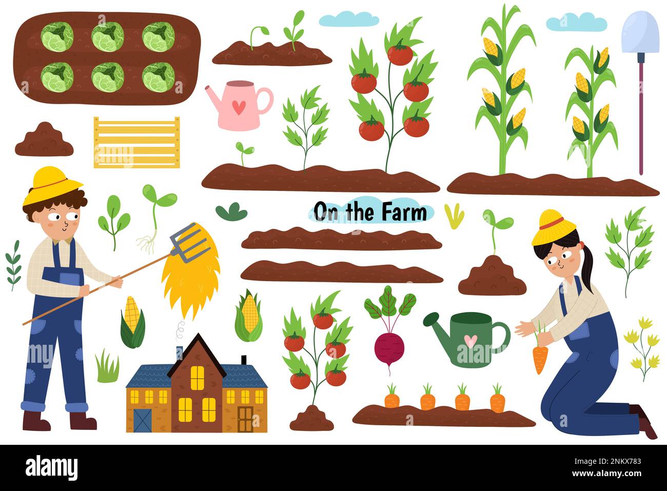 Cute farm collection with kids working in the garden. Agriculture and ...