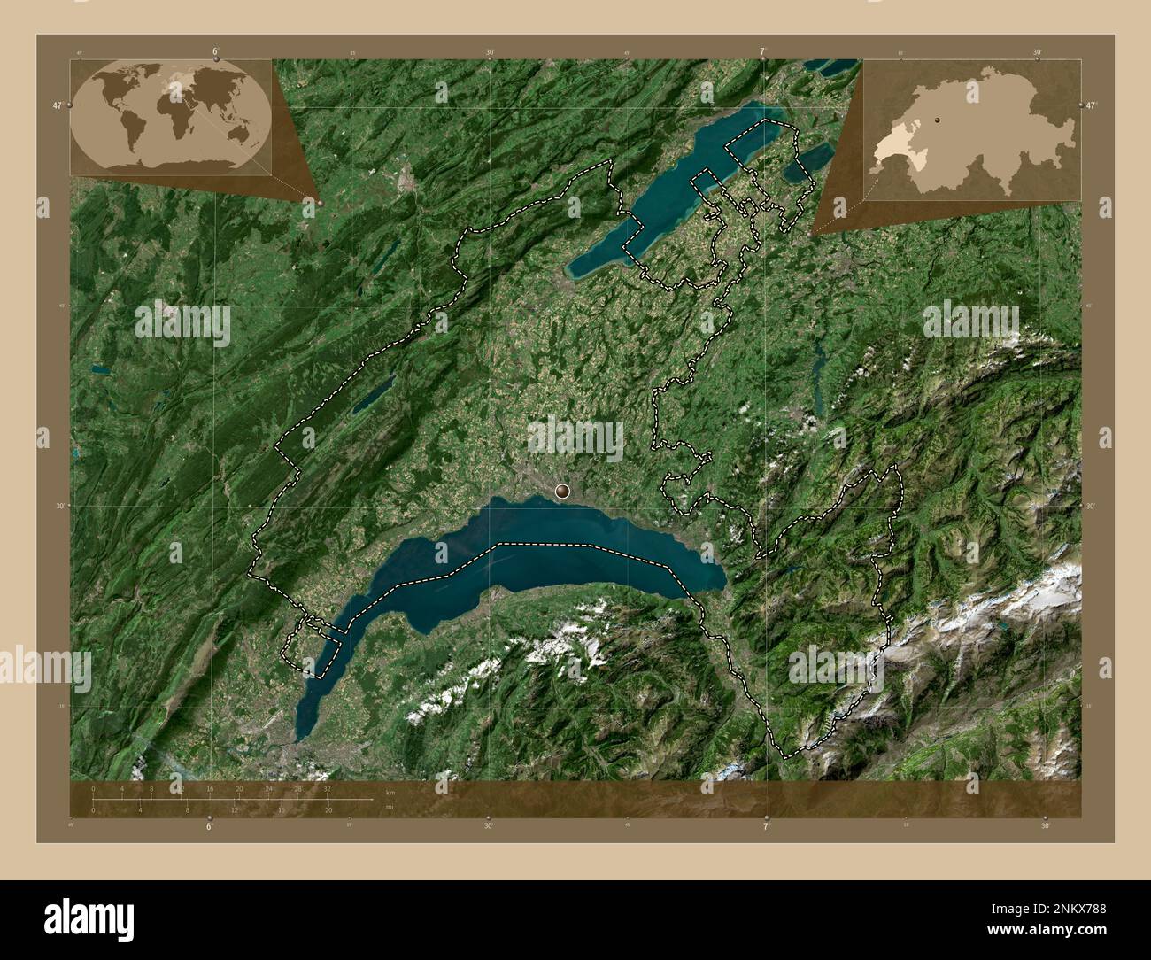Vaud, canton of Switzerland. Low resolution satellite map. Corner ...
