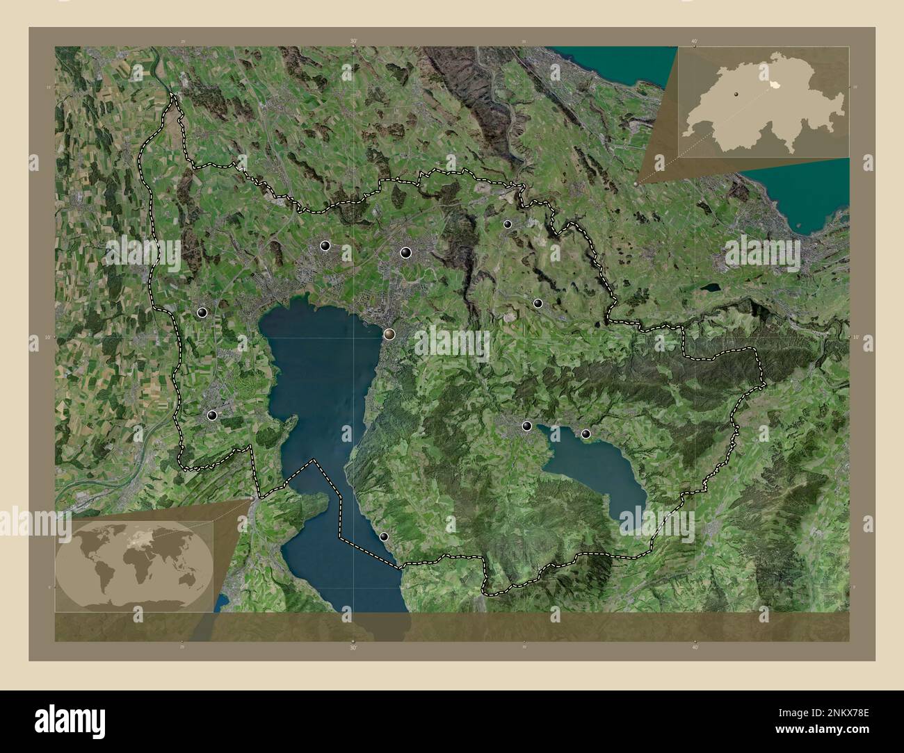Zug, canton of Switzerland. High resolution satellite map. Locations of ...