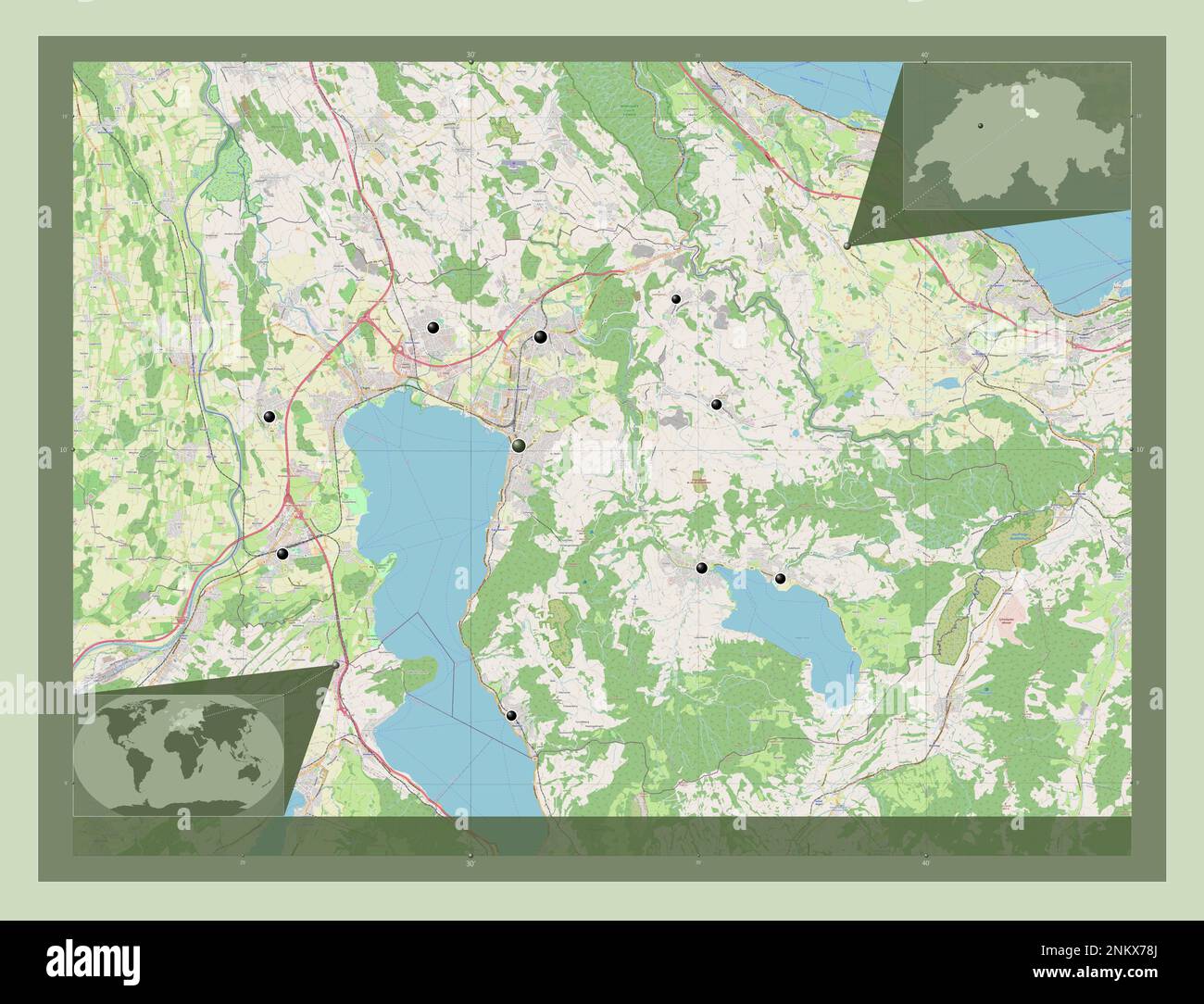 Zug, canton of Switzerland. Open Street Map. Locations of major cities ...
