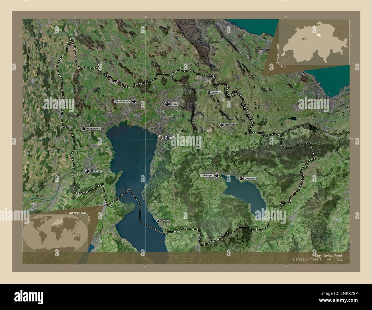Zug, canton of Switzerland. High resolution satellite map. Locations ...
