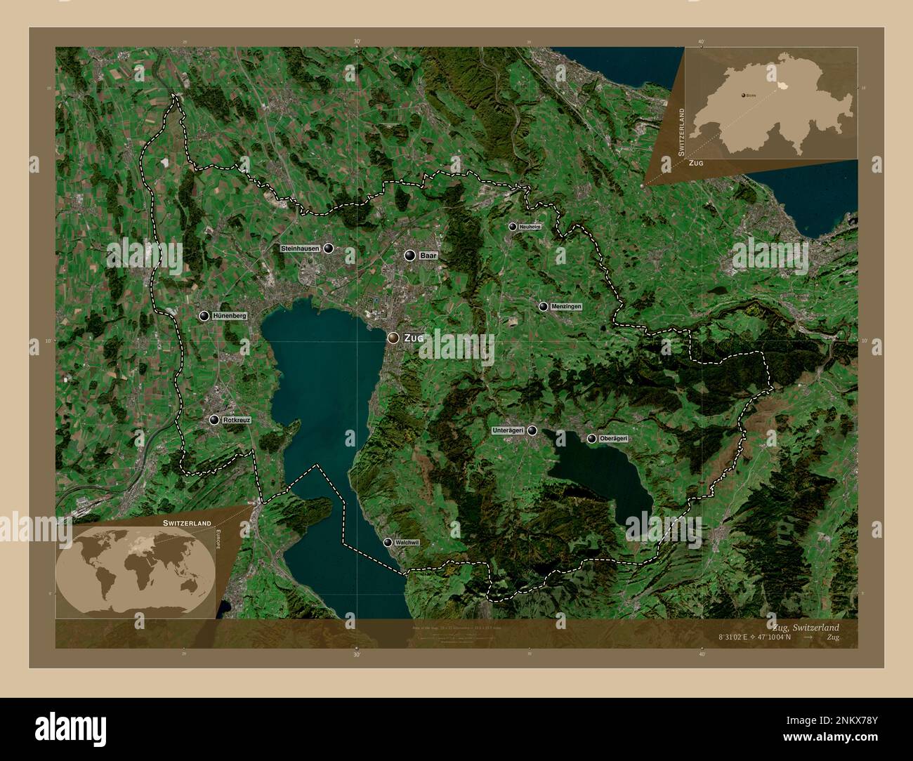 Zug, canton of Switzerland. Low resolution satellite map. Locations and ...