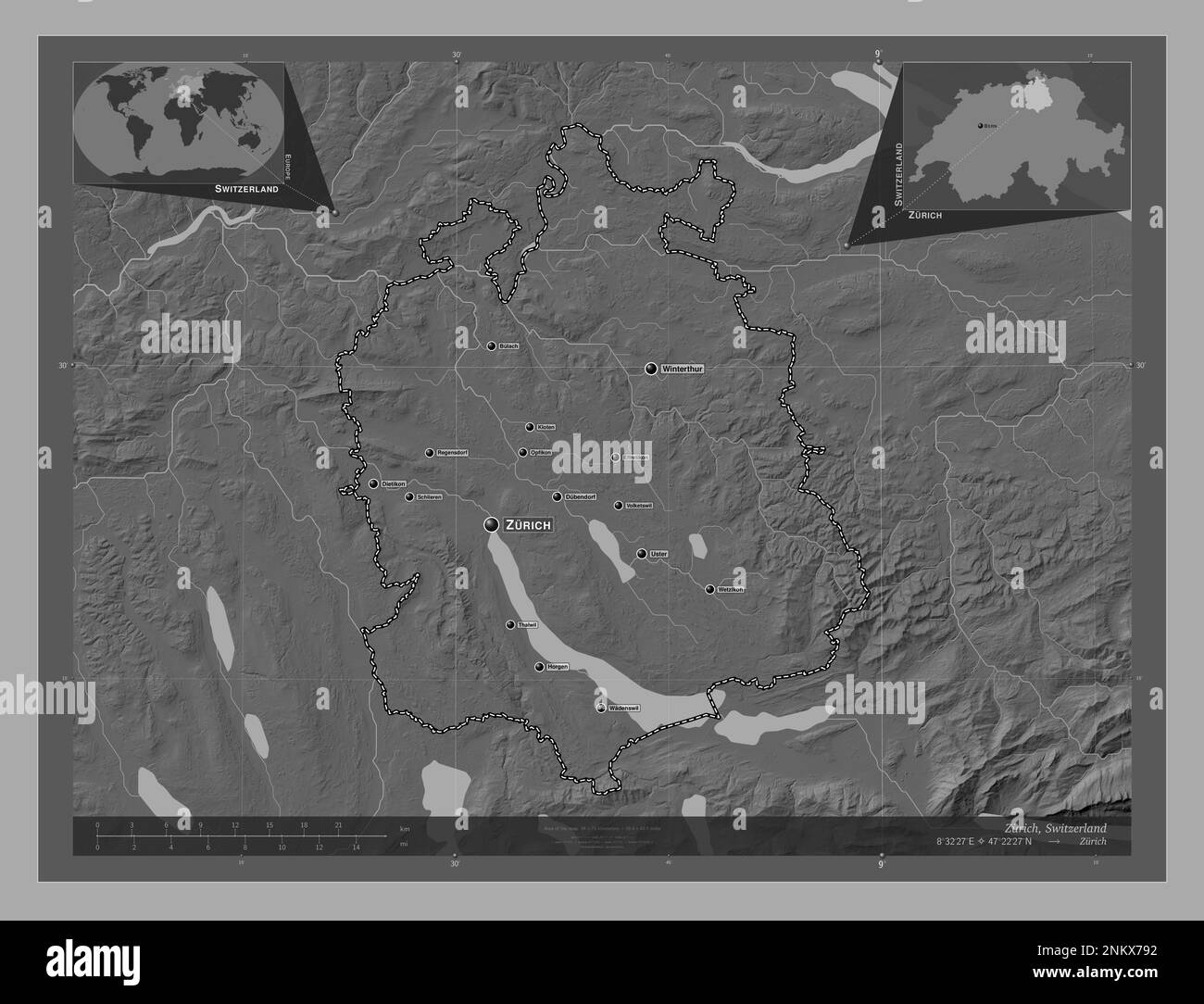 Zurich, canton of Switzerland. Bilevel elevation map with lakes and ...