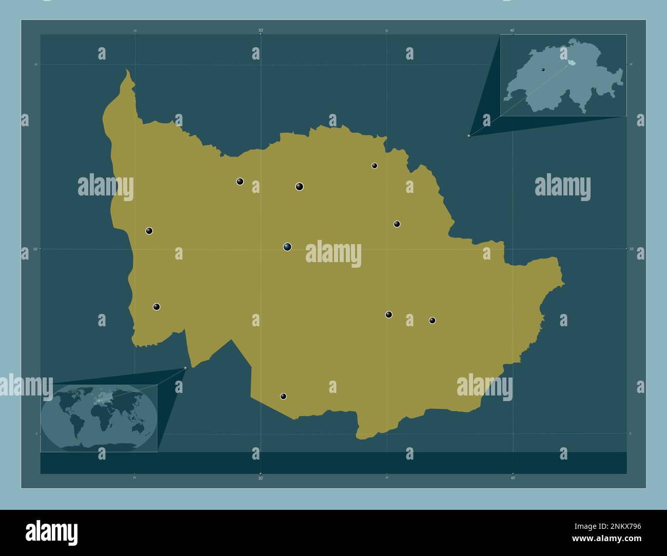 Zug, canton of Switzerland. Solid color shape. Locations of major ...