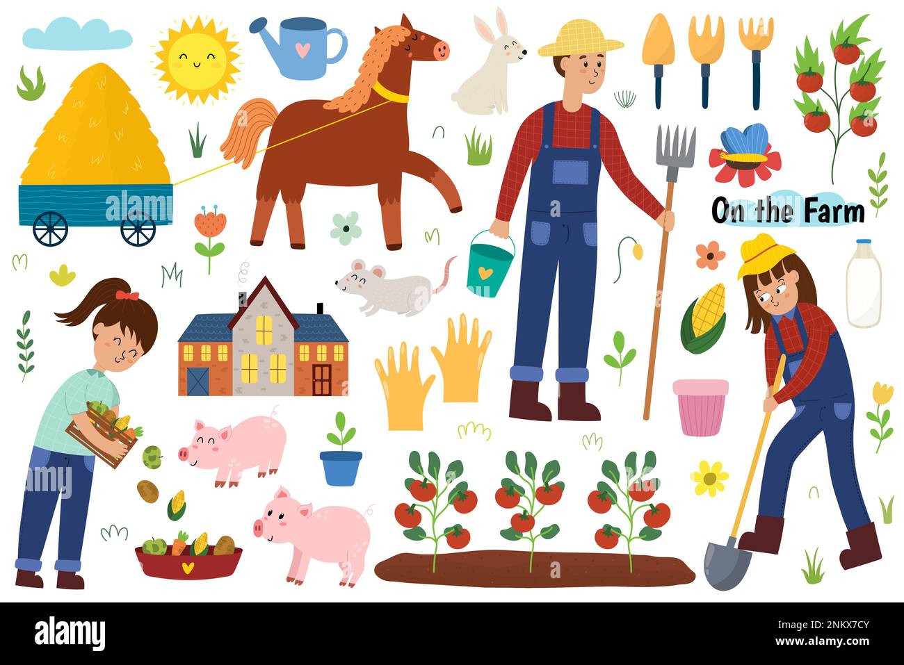 Cute farm set with animals and kids farmers. Agriculture collection ...