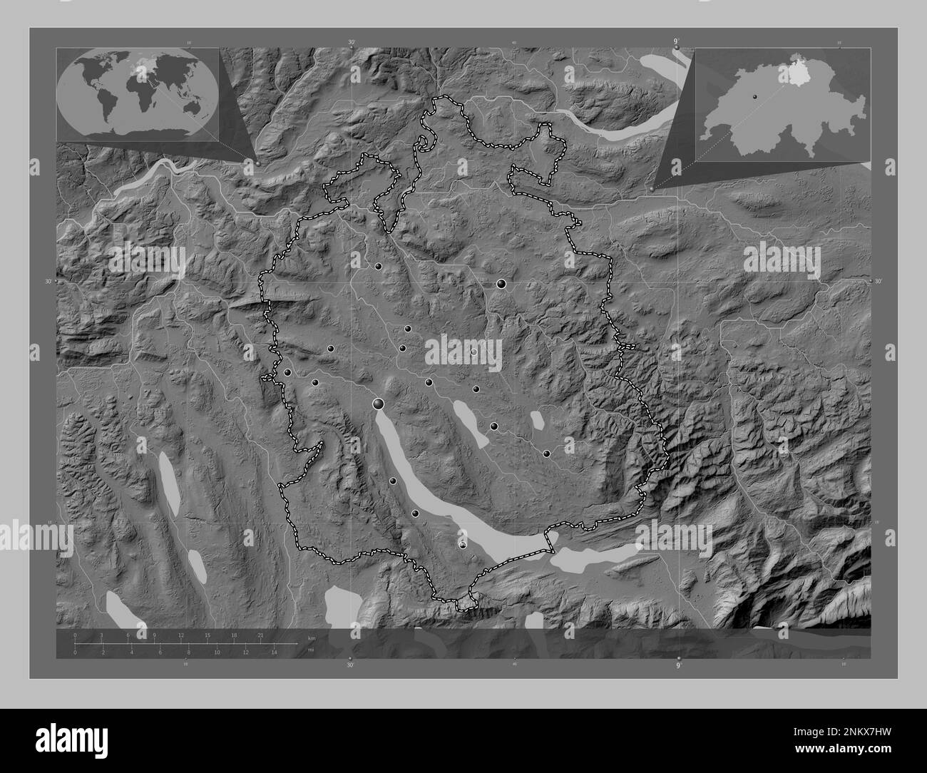 Zurich, canton of Switzerland. Grayscale elevation map with lakes and ...