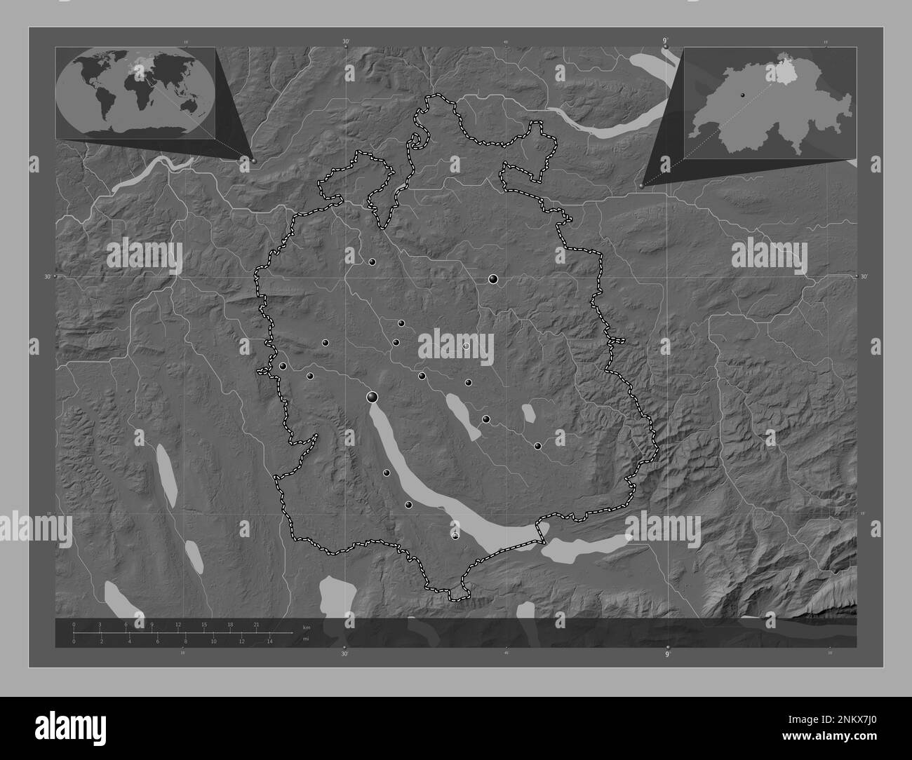 Zurich, canton of Switzerland. Bilevel elevation map with lakes and ...
