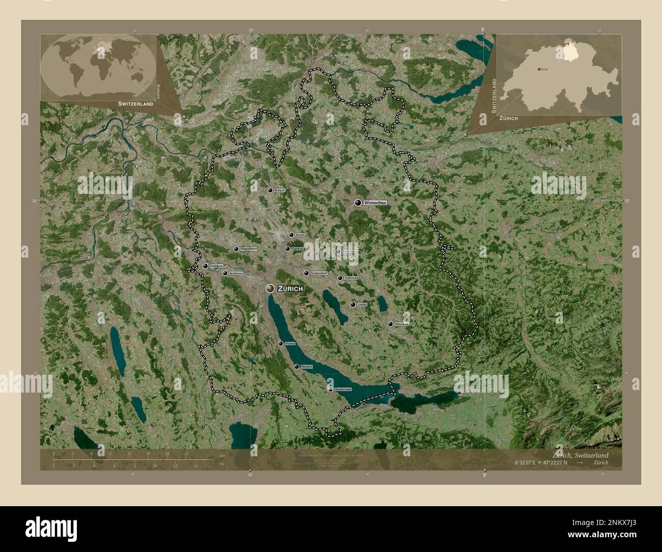 Zurich, canton of Switzerland. High resolution satellite map. Locations ...