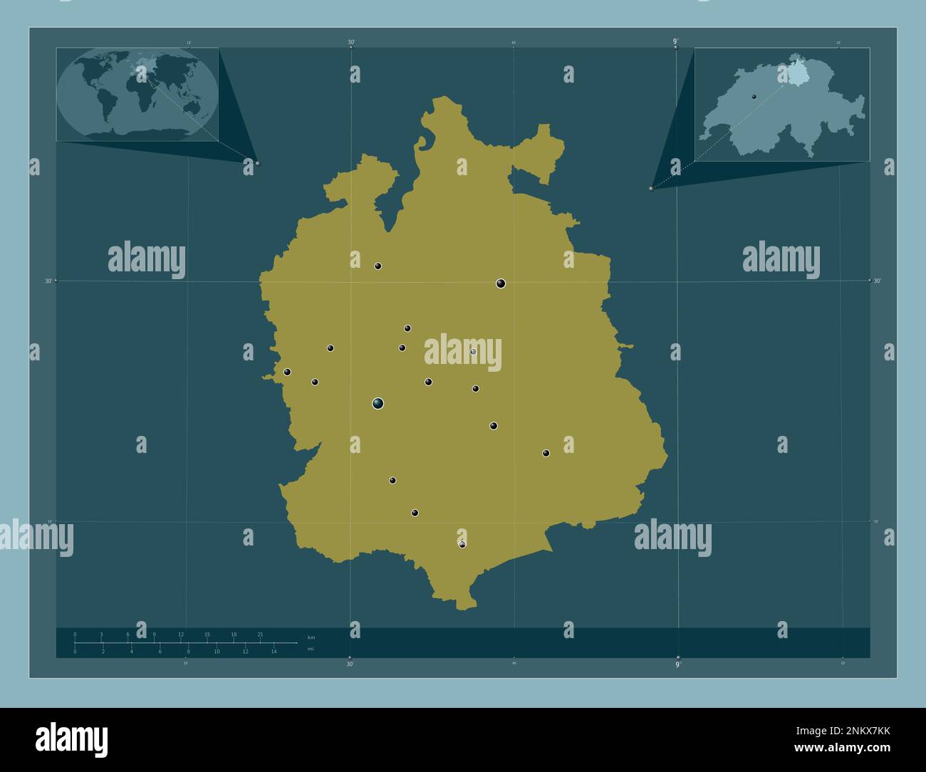 Zurich, canton of Switzerland. Solid color shape. Locations of major ...