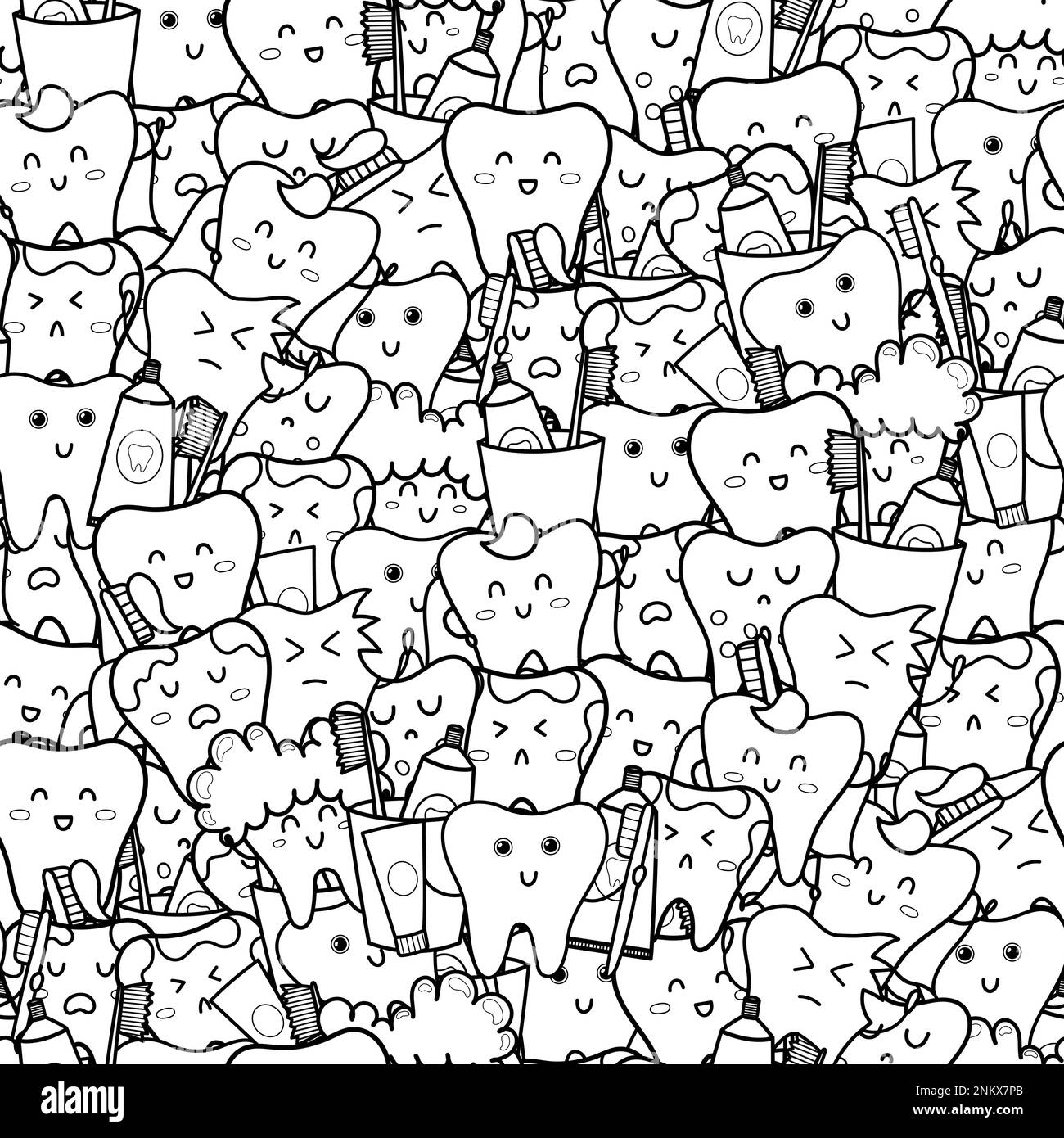 Doodle teeth black and white seamless pattern. Cute dental characters ...