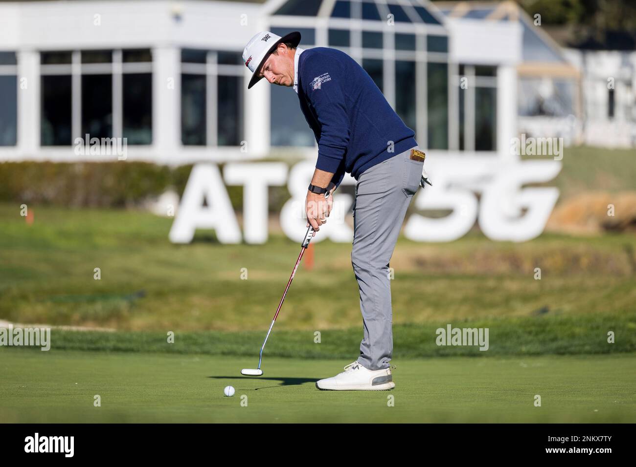 PEBBLE BEACH, CA - FEBRUARY 06: American PGA professional golfer Joel Dahmen putts during the ...