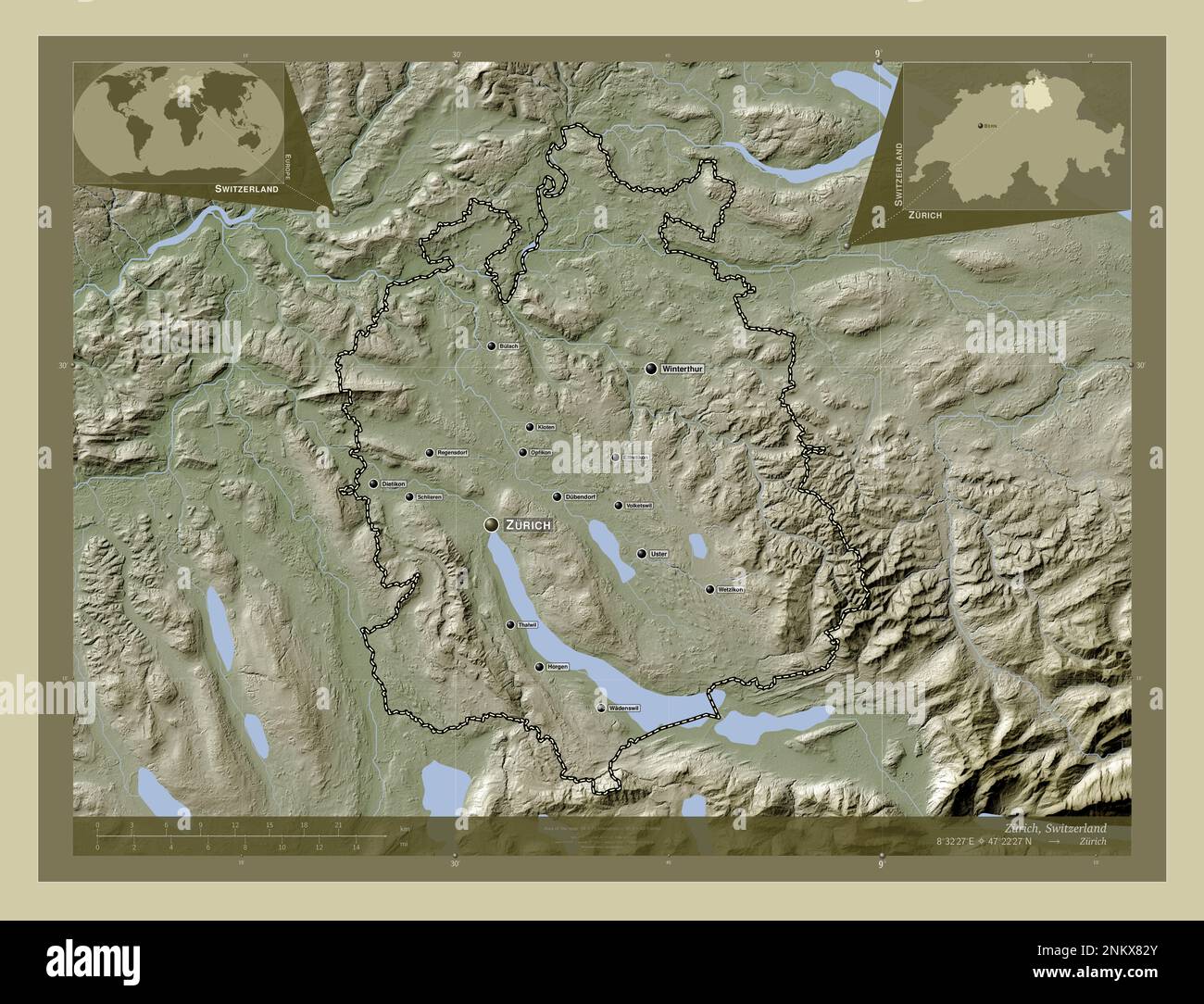 Zurich, canton of Switzerland. Elevation map colored in wiki style with ...