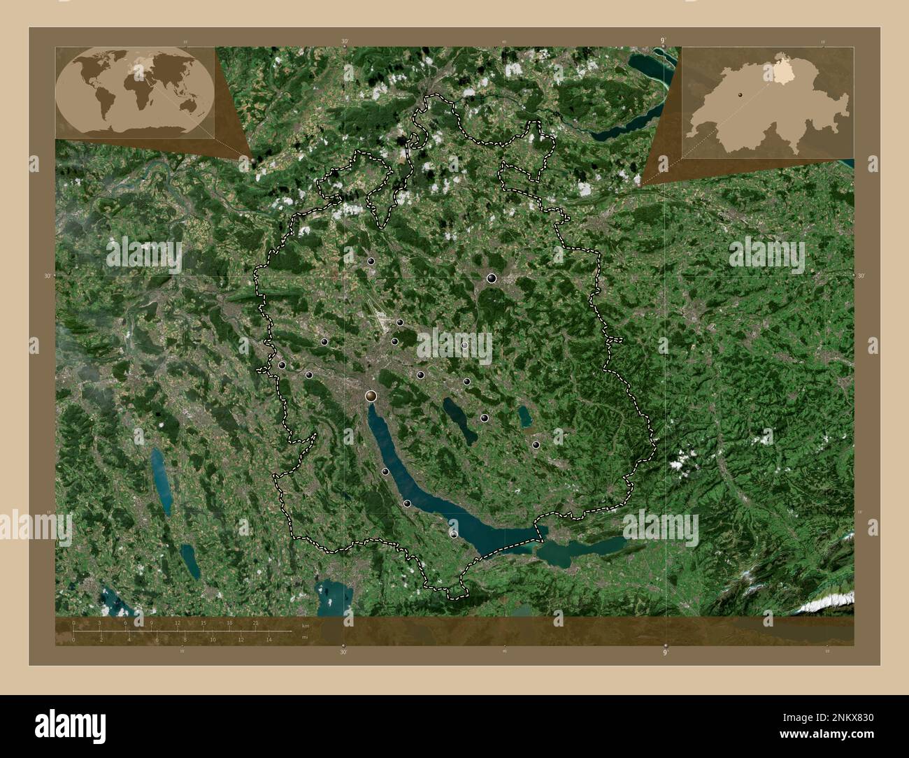Zurich, canton of Switzerland. Low resolution satellite map. Locations ...
