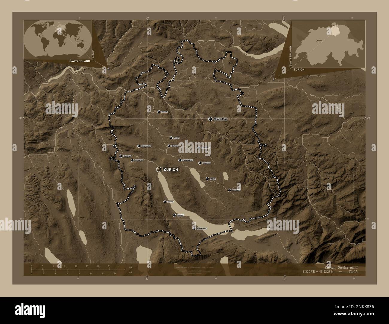 Zurich, canton of Switzerland. Elevation map colored in sepia tones ...
