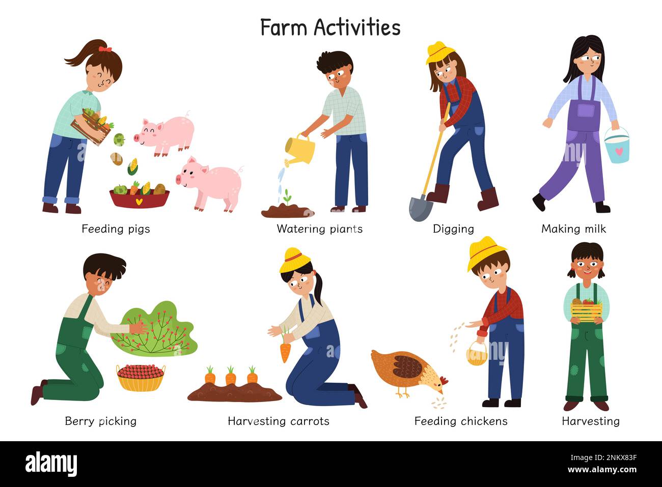 Farm activities set with cute kids farmers. Cute characters doing ...