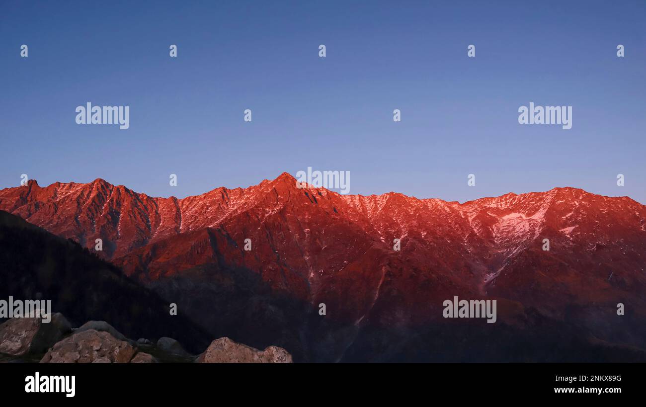 View of mountains at sunset, Triund Trek, Dharamshala, Himachal Pradesh ...