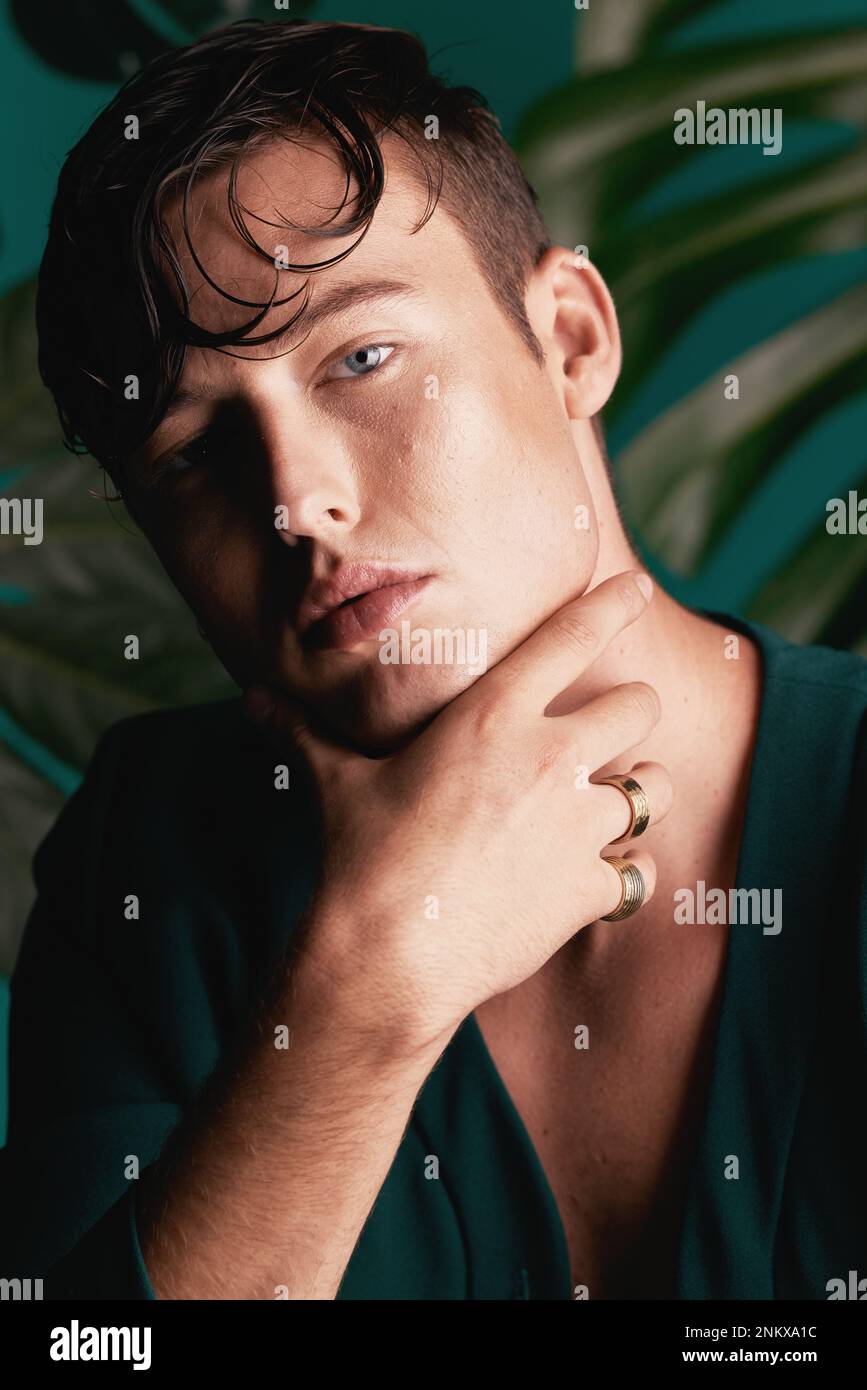 Gen z, model portrait and face of non binary person with designer ...